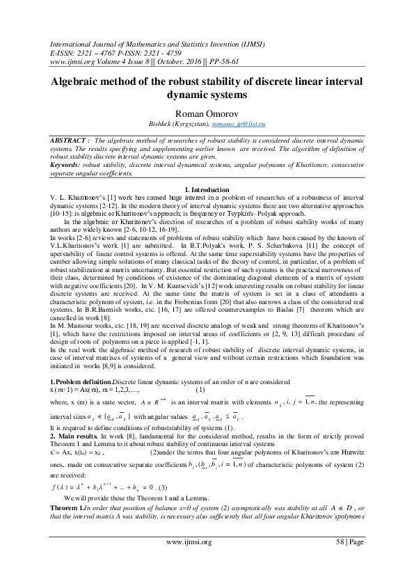 (PDF) Robust Stability in Interval Dynamic Systems