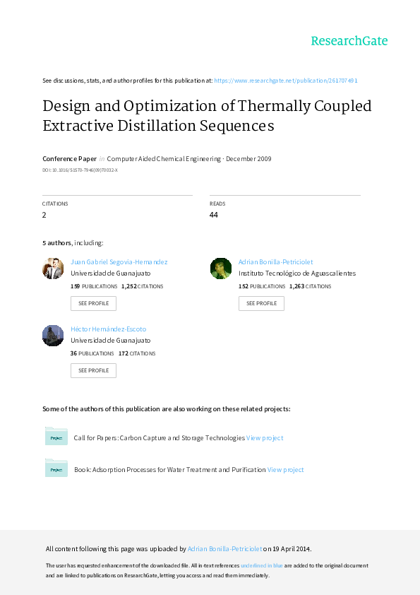Pdf Design And Optimization Of Thermally Coupled Extractive Distillation Sequences