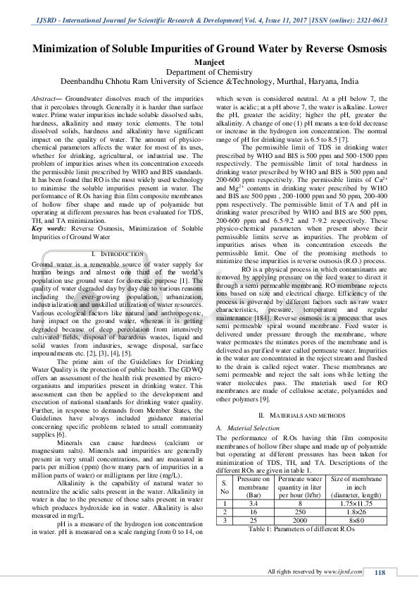 (PDF) Minimization of Soluble Impurities of Ground Water by Reverse Osmosis