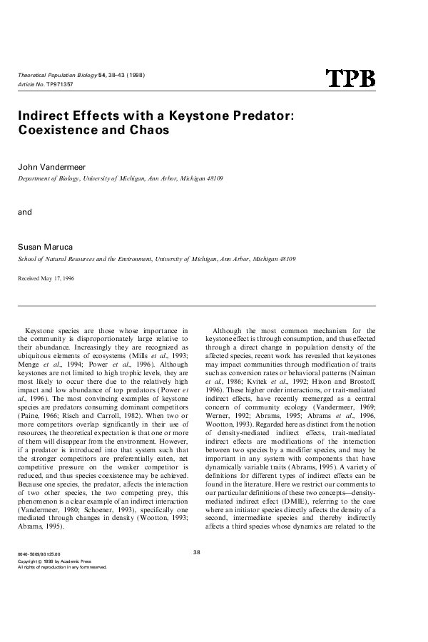 (PDF) Indirect Effects with a Keystone Predator: Coexistence and Chaos ...