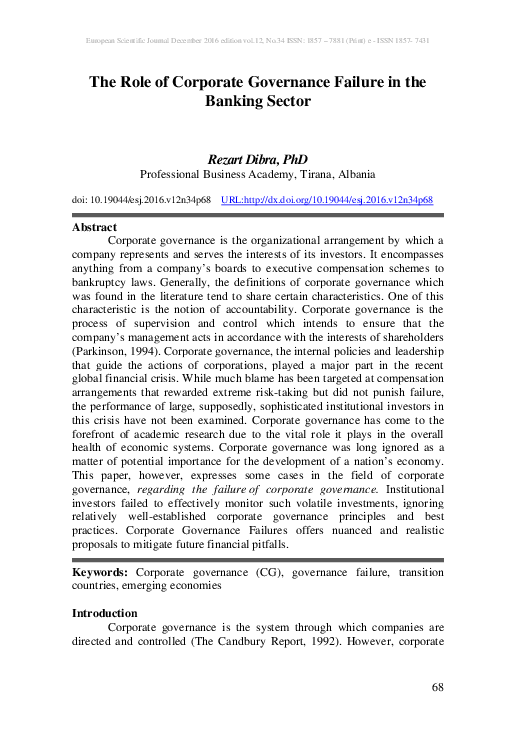 (PDF) The Role of Corporate Governance Failure in the Banking Sector