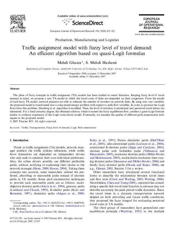 Pdf Traffic Assignment Model With Fuzzy Level Of Travel Demand An Efficient Algorithm Based