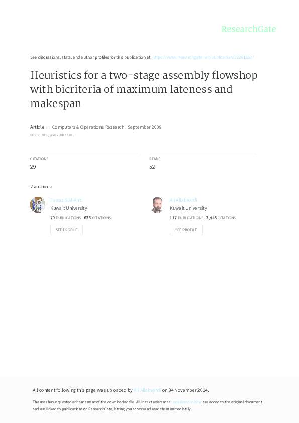 (PDF) Heuristics for a two-stage assembly flowshop with bicriteria of maximum lateness and makespan