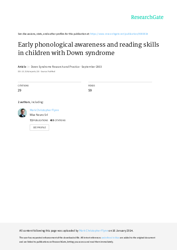 (PDF) Early Phonological Awareness and Reading Skills In Children With Down Syndrome