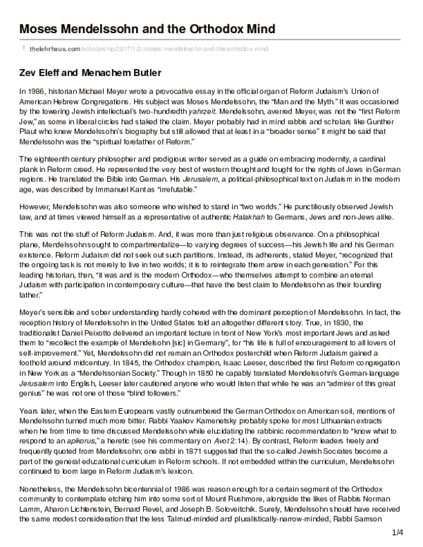 (PDF) Zev Eleff and Menachem Butler, “Moses Mendelssohn and the ...