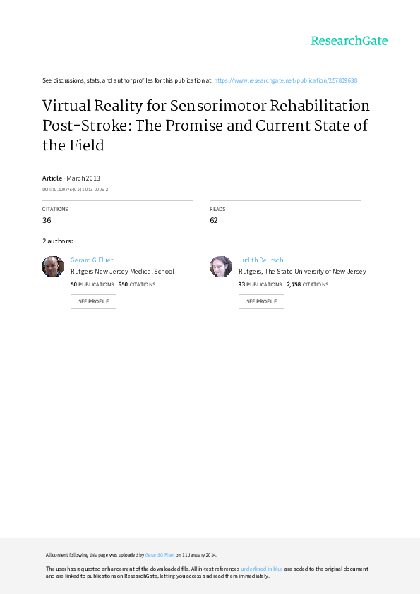 (PDF) Virtual Reality for Sensorimotor Rehabilitation Post-Stroke: The Promise and Current State ...