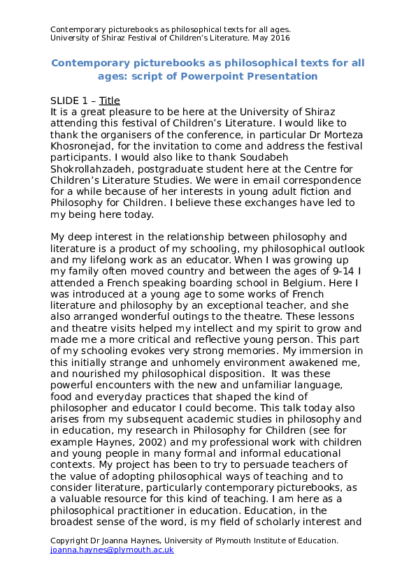 (DOC) Contemporary picturebooks as philosophical texts for all ages ...