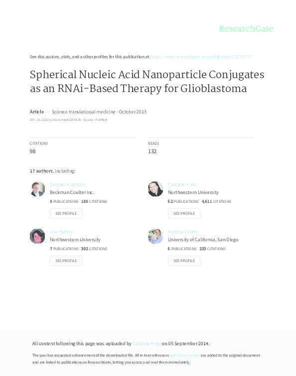 (PDF) Spherical Nucleic Acid Nanoparticle Conjugates as an RNAi-Based ...