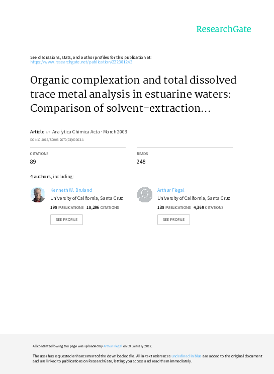 (PDF) Organic complexation and total dissolved trace metal analysis in estuarine waters ...