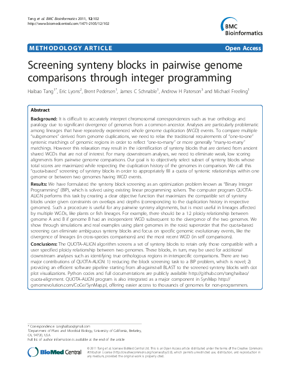 (PDF) Screening synteny blocks in pairwise genome comparisons through integer programming