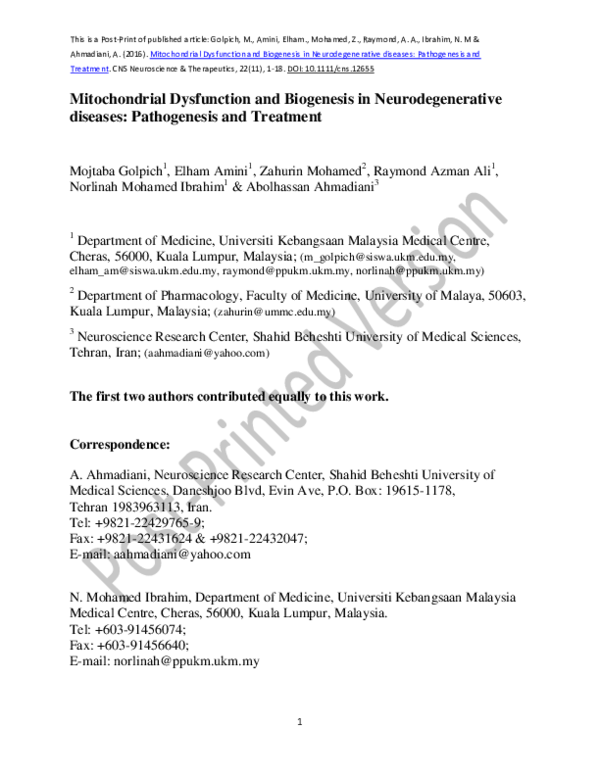 (PDF) Mitochondrial Dysfunction and Biogenesis in Neurodegenerative diseases : Pathogenesis and ...