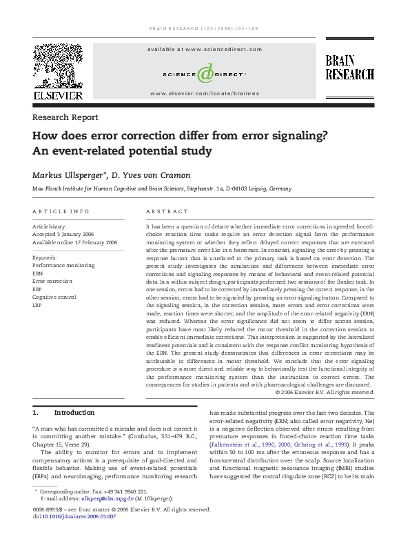 (PDF) How does error correction differ from error signaling? An event-related potential study