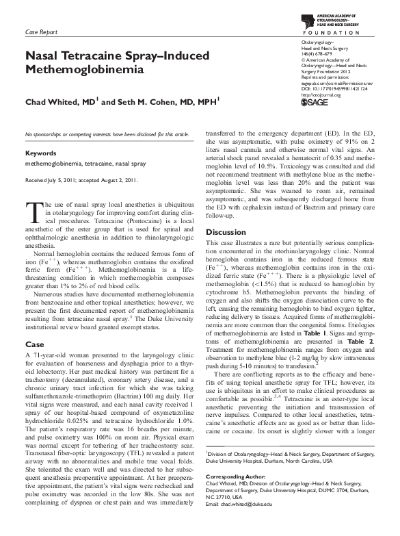 (PDF) Nasal Tetracaine Spray–Induced Methemoglobinemia