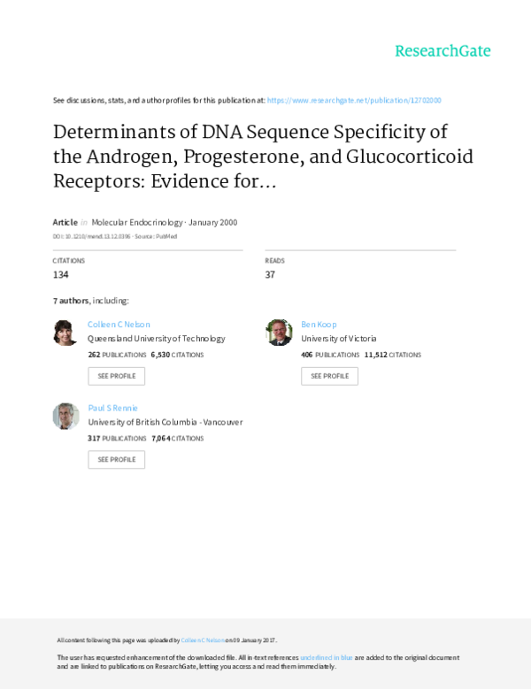 (PDF) Determinants of DNA Sequence Specificity of the Androgen, Progesterone, and Glucocorticoid ...