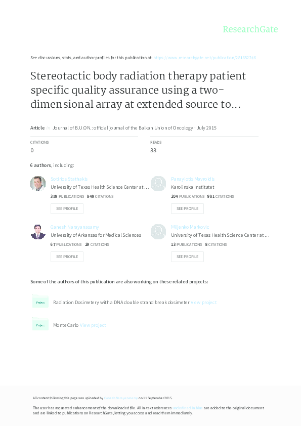 (PDF) Stereotactic body radiation therapy patient specific quality assurance using a two ...