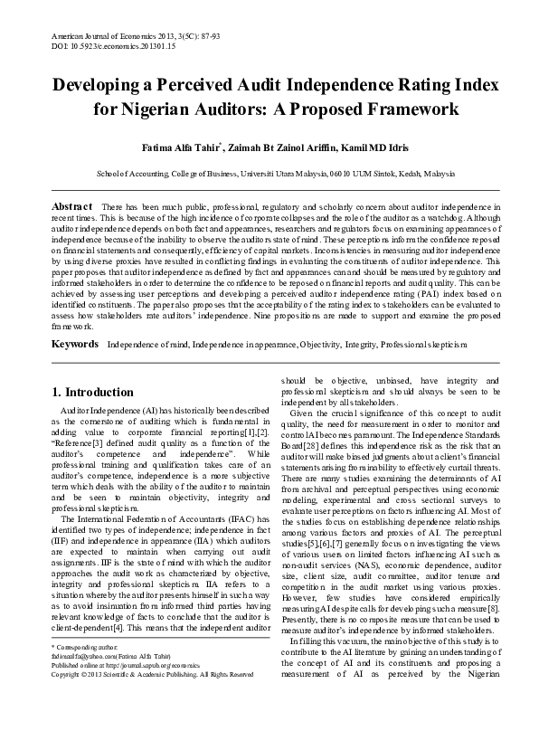 (PDF) Developing a Perceived Audit Independence Rating Index for ...