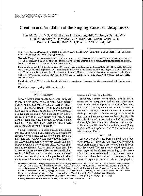 (PDF) Creation and Validation of the Singing Voice Handicap Index
