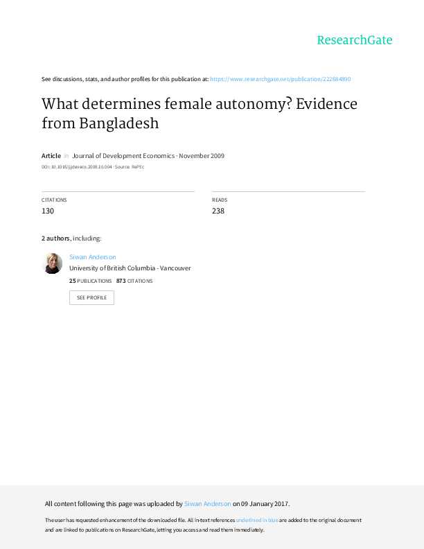 (PDF) What determines female autonomy? Evidence from Bangladesh