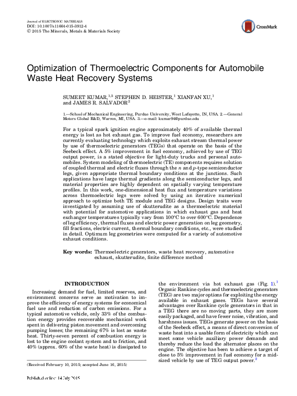 (PDF) Optimization of Thermoelectric Components for Automobile Waste ...