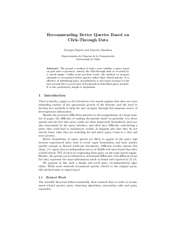 (PDF) Recommending better queries based on click-through data | G. Dupret - Academia.edu