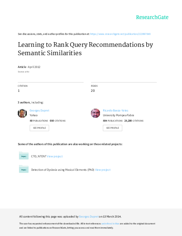 (PDF) Learning to Rank Query Recommendations by Semantic Similarities