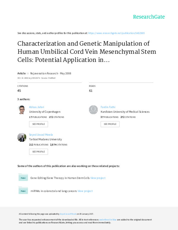 (PDF) Characterization and Genetic Manipulation of Human Umbilical Cord Vein Mesenchymal Stem ...