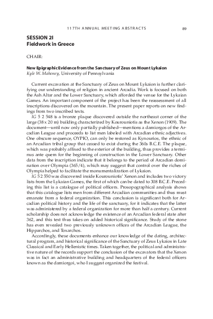 New Epigraphic Evidence from the Sanctuary of Zeus on Mount Lykaion