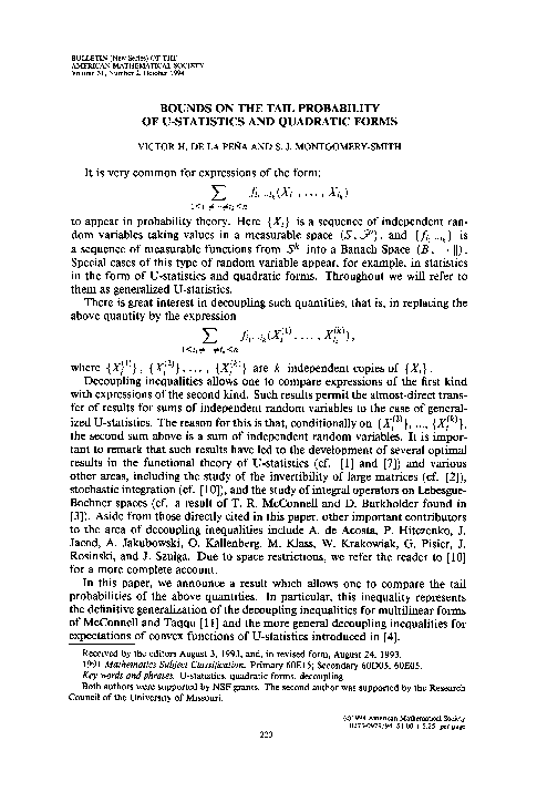 (PDF) Bounds on the tail probability \\ of U-statistics and quadratic forms