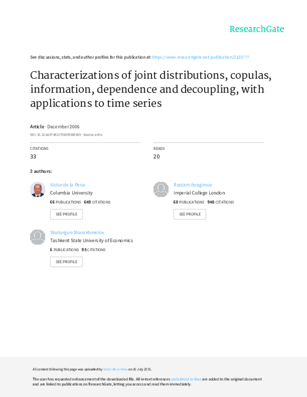 (PDF) Characterizations of joint distributions, copulas, information ...