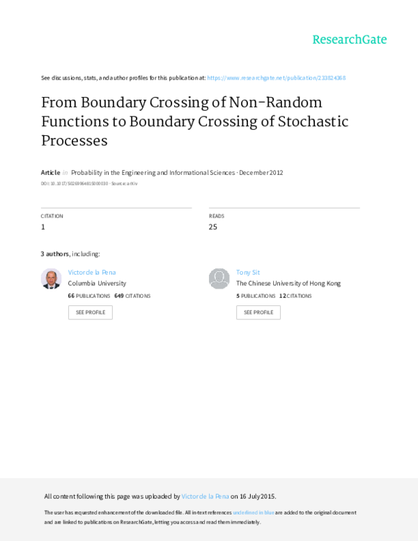 (PDF) From Boundary Crossing of Non-Random Functions to Boundary ...