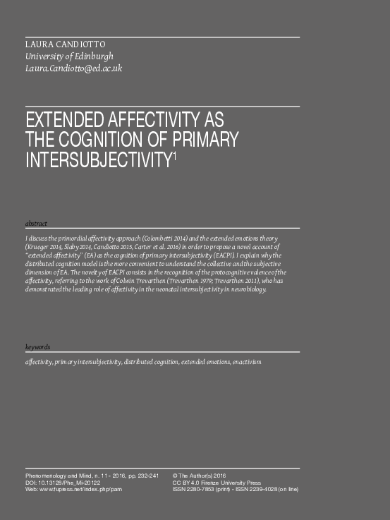 (PDF) Extended Affectivity as the Cognition of Primary Intersubjectivity