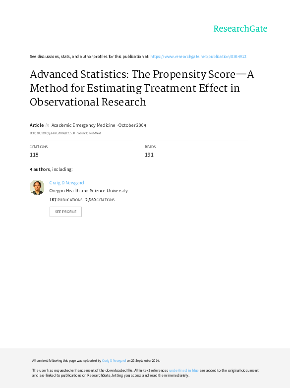 Pdf Advanced Statistics The Propensity Score A Method For Estimating