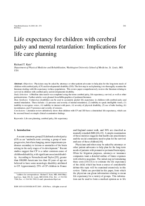 (PDF) Life expectancy for children with cerebral palsy and mental ...