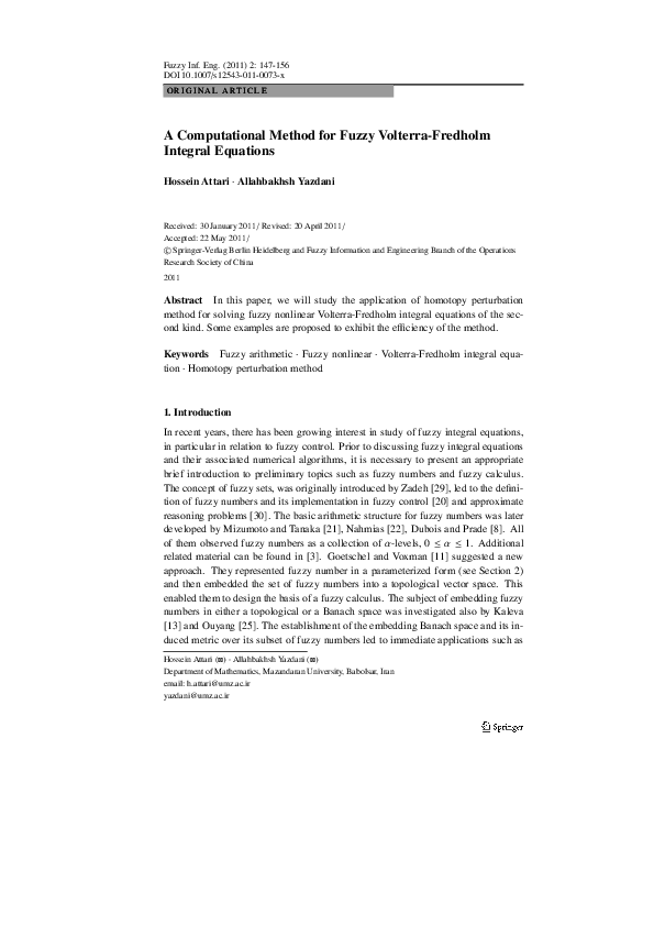 Pdf A Computational Method For Fuzzy Volterra Fredholm Integral Equations