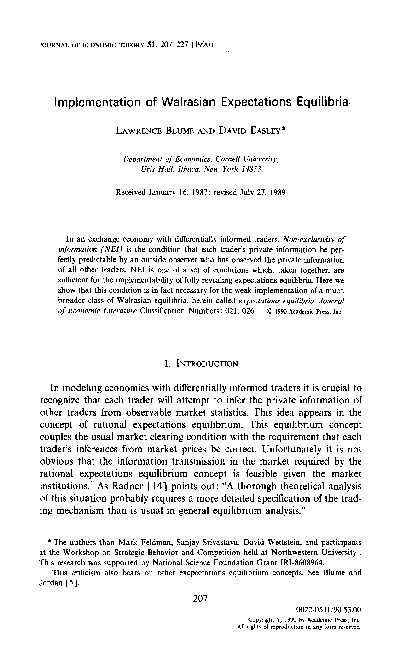 (PDF) Implementation of Walrasian expectations equilibria | Lawrence Blume - Academia.edu