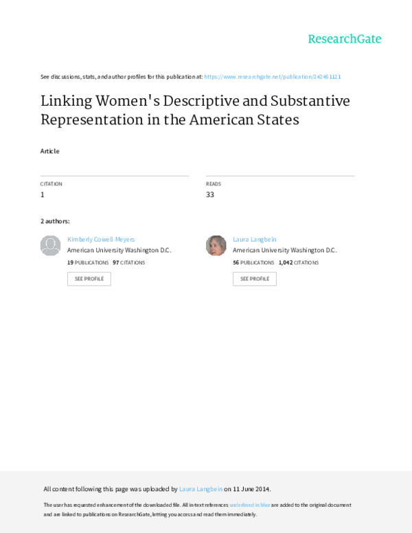 (PDF) Linking Women's Descriptive and Substantive Representation in the ...