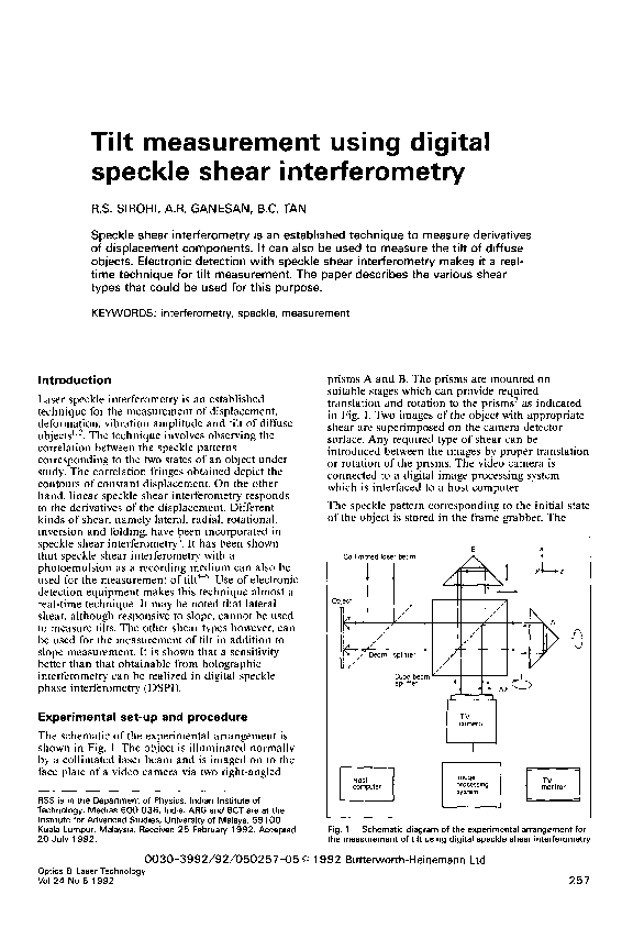 (PDF) Tilt measurement using digital speckle shear interferometry