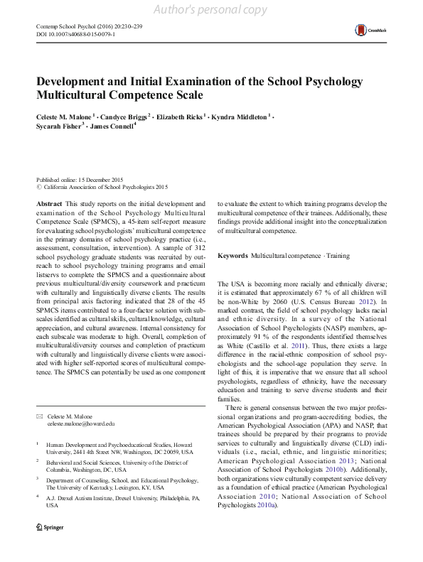(PDF) Development and Initial Examination of the School Psychology Multicultural Competence Scale