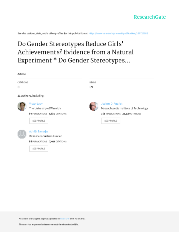 (PDF) Do Gender Stereotypes Reduce Girls' Achievements? Evidence from a ...
