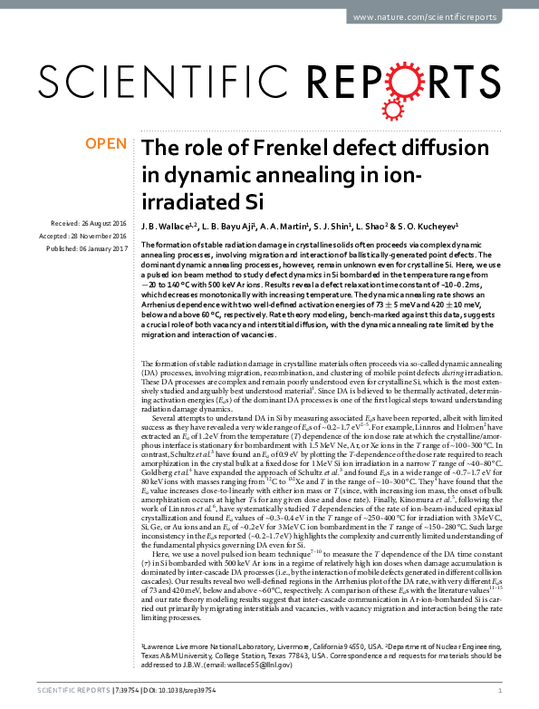 (PDF) The role of Frenkel defect diffusion in dynamic annealing in ion ...