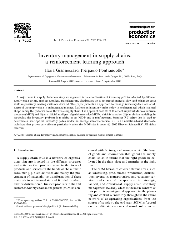 (PDF) Inventory management in supply chains: a reinforcement learning approach