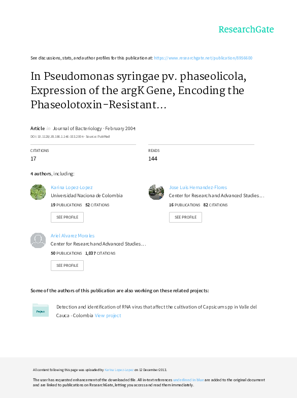 (PDF) In Pseudomonas syringae pv. phaseolicola, expression of the argK ...