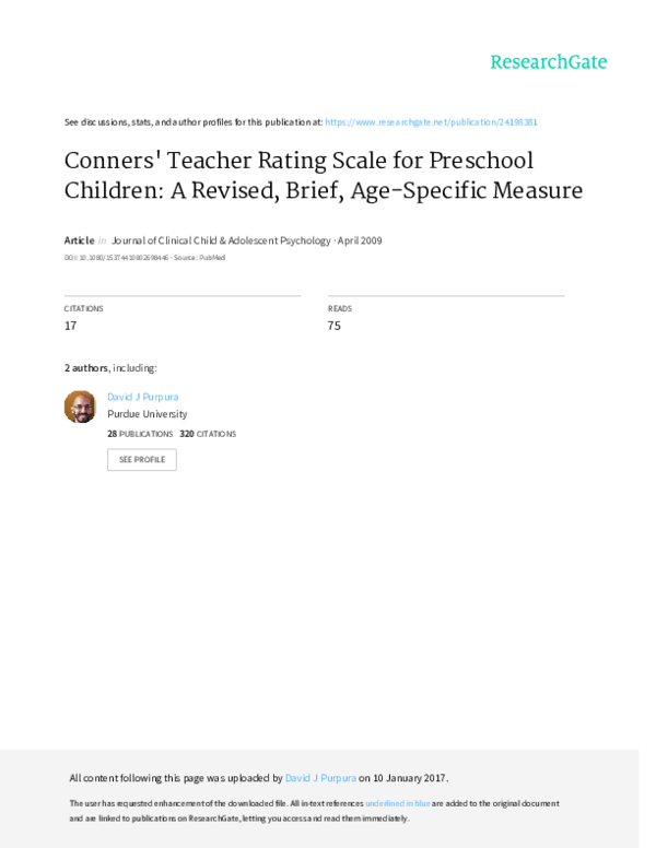 (PDF) Conners' Teacher Rating Scale for Preschool Children: A Revised ...