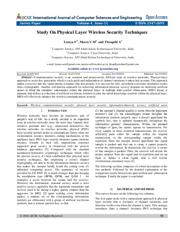 (PDF) Study On Physical Layer Wireless Security Techniques