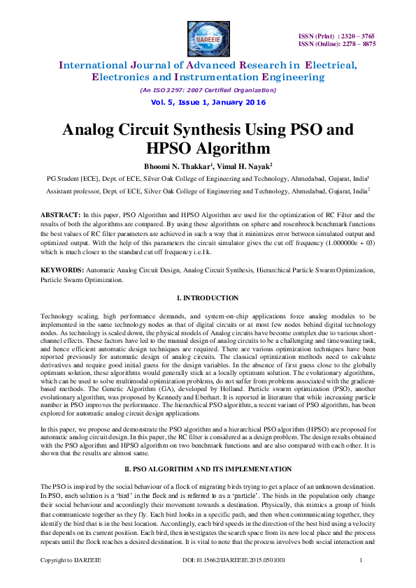 Pdf Analog Circuit Synthesis Using Pso And Hpso Algorithm