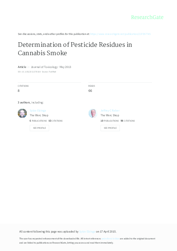 Pdf Determination Of Pesticide Residues In Cannabis Smoke