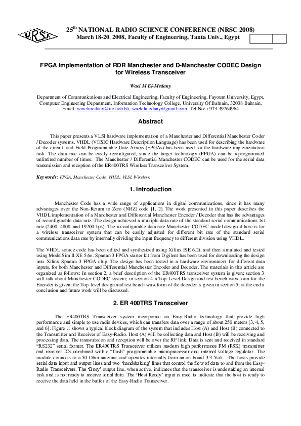 (PDF) FPGA Implementation of RDR Manchester and D-Manchester CODEC Design for Wireless Transceiver