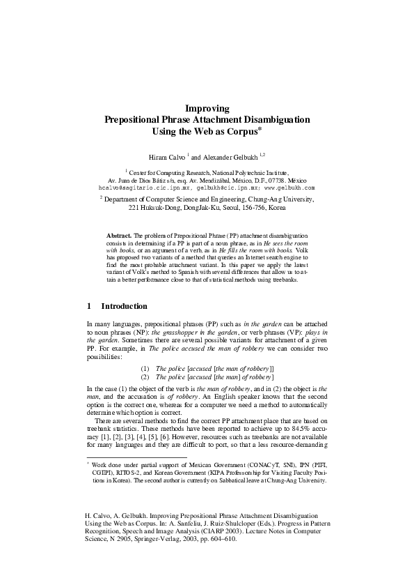(PDF) Improving prepositional phrase attachment disambiguation using the web as corpus