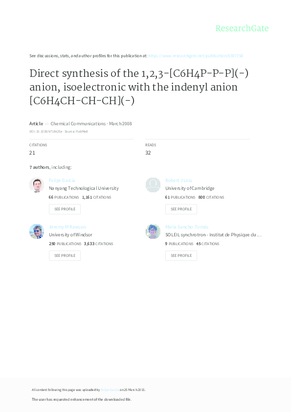 (PDF) Direct synthesis of the 1,2,3-[C6H4P…P…P]-anion, isoelectronic with the indenyl anion ...