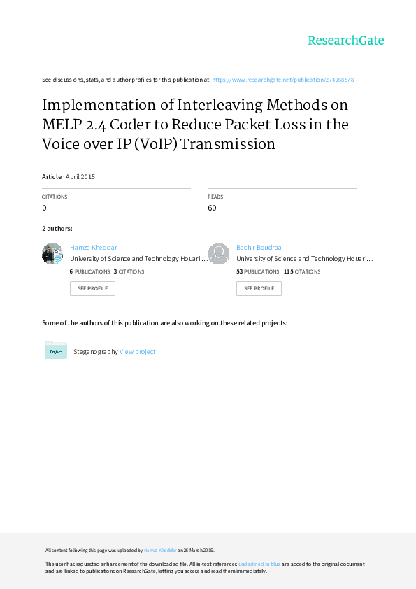 (PDF) Implementation of Interleaving Methods on MELP 2.4 Coder to Reduce Packet Loss in the ...